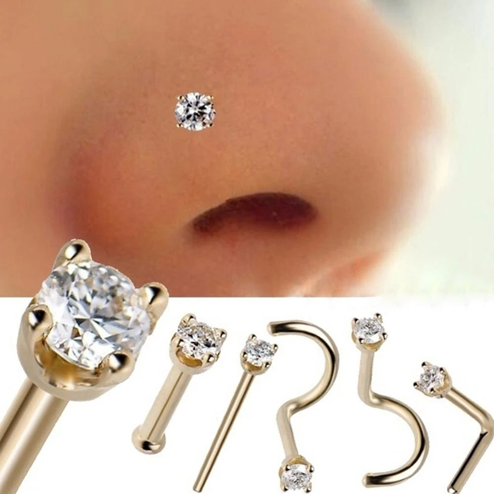 6PCS Surgical Steel Zircon Gem Bone Nose Stud Piercing Earring Anodized ...