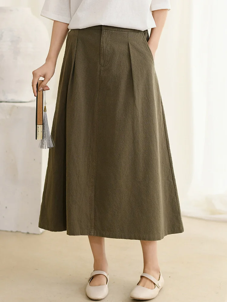 Cotton-Linen-Skirt-Women-Basic-Elegant-Solid-A-Line-Midi-Casual-Skirts ...