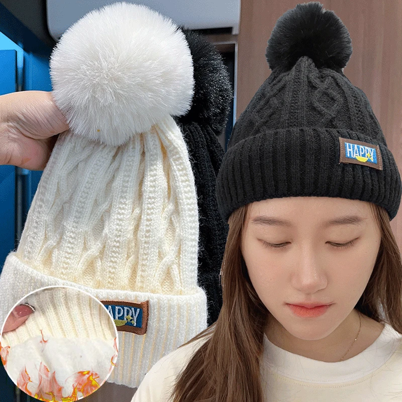 Winter-Hats-for-Woman-Thicker-Beanies-Fur-Pom-Ball-Knitted-Cap-Girls ...