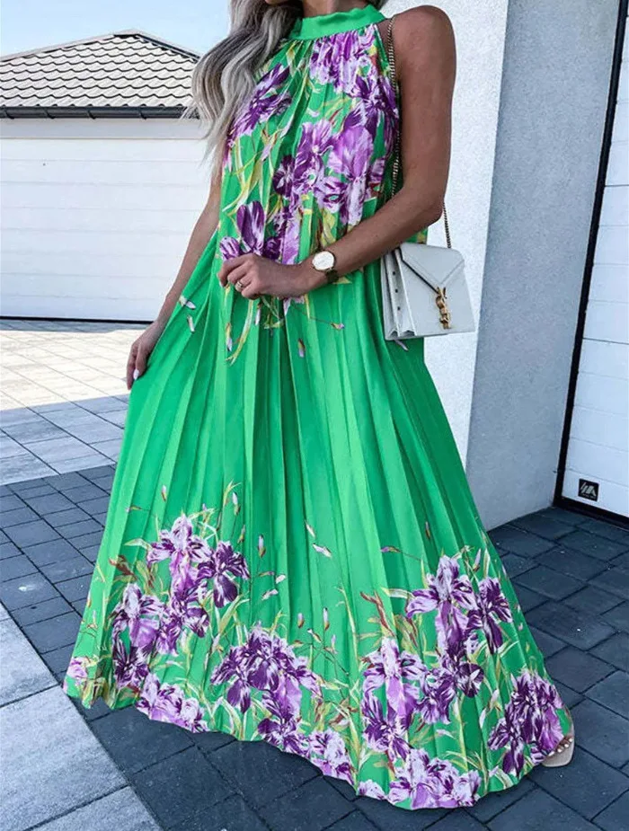 Lady-Casual-Loose-Halter-Pleated-Maxi-Dress-Women-Fashion-Leaf-Print ...