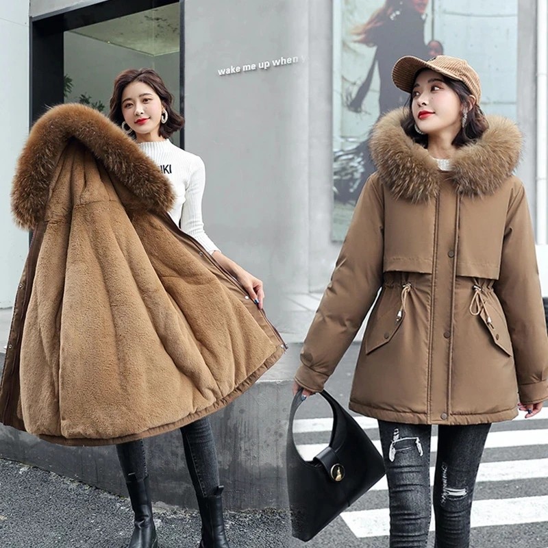 Women Winter Fleece Jacket 2022 New Big Fur Collar Mid Length Basic Coats Female Korean Slim ...
