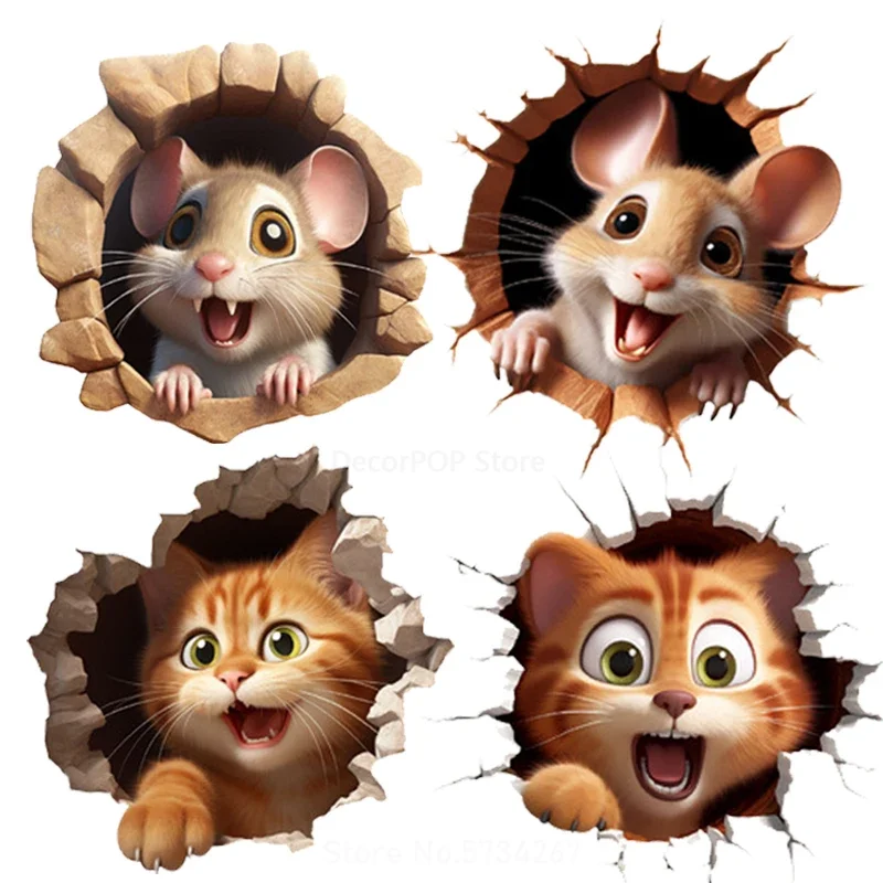 Cute Mouse Hole Wall Stickers Mouse Cat in A Hole Creative Funny Mouse ...