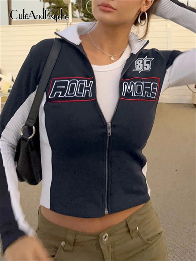 Cuteandpsycho Letter Print Fashion Y2K Jackets Long Sleeves Patchwork Turn-down Neck Coats ...