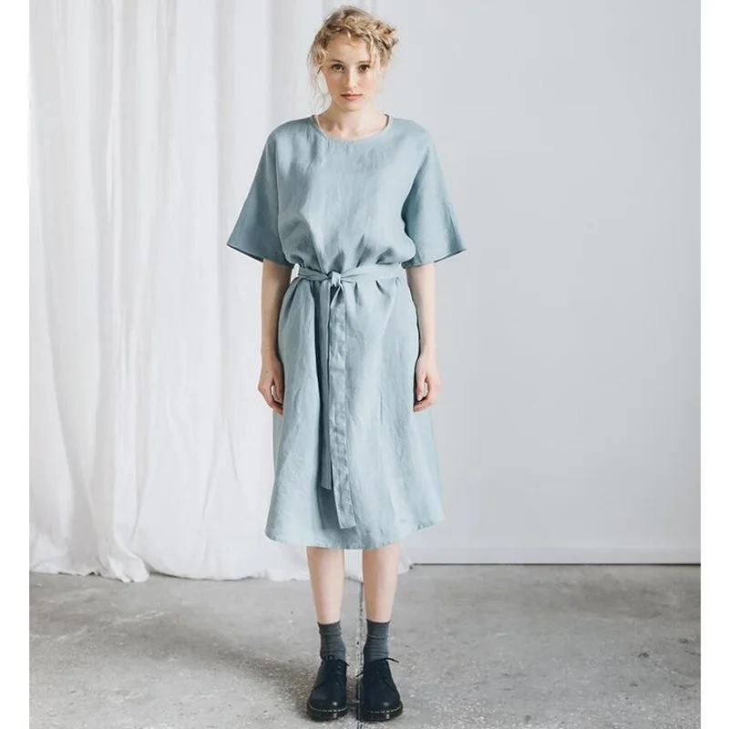 Vestido Harajuku de lino y algodón para Mujer, vestido liso informal de manga corta con cuello ...