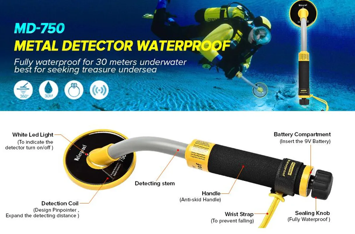 PI750-Fully-Waterproof-Metal-Detector-Gold-Digger-Kit-100feet-30m ...