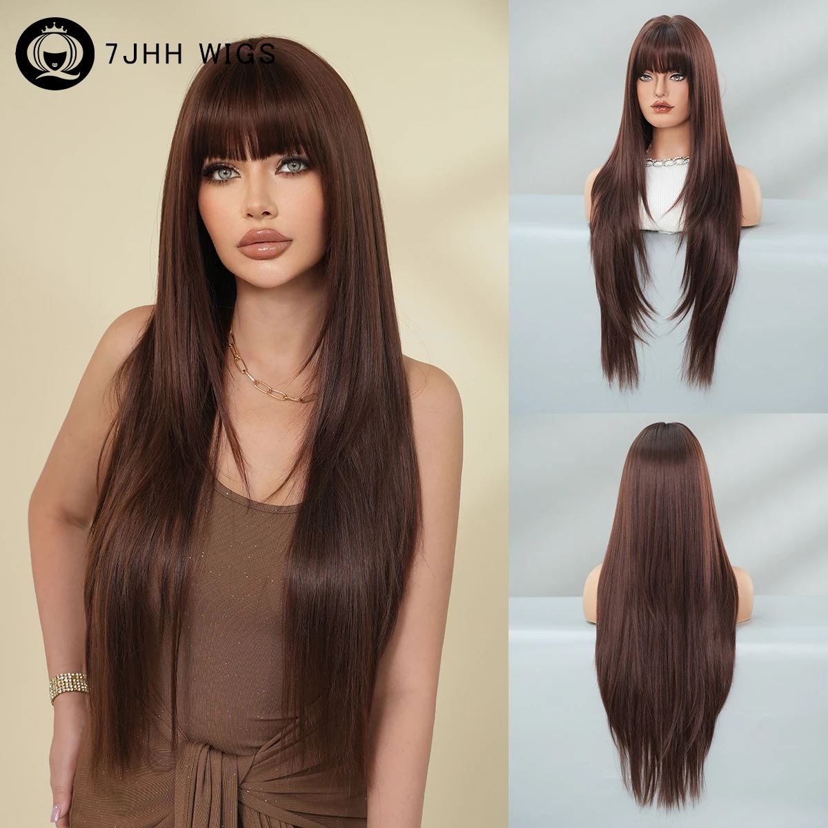 Long Straight Mocha Brown Wig for Women Daily Use High Density ...