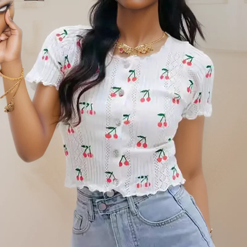 HELIAR-Women-Cherry-Print-T-shirts-Single-breasted-Short-Sleeves-Knit ...