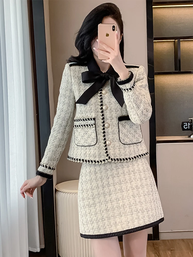 New Women Tweed 2 Piece Set Bow Decor Jacket Blazer And Mini Skirt Suit ...