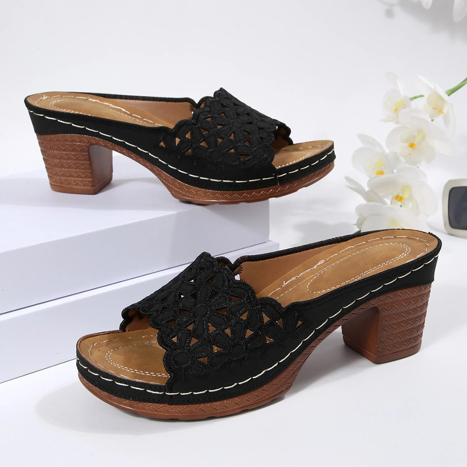 Women'S Sandals Chunky High Heels Round Toe Block Dress Platform ...