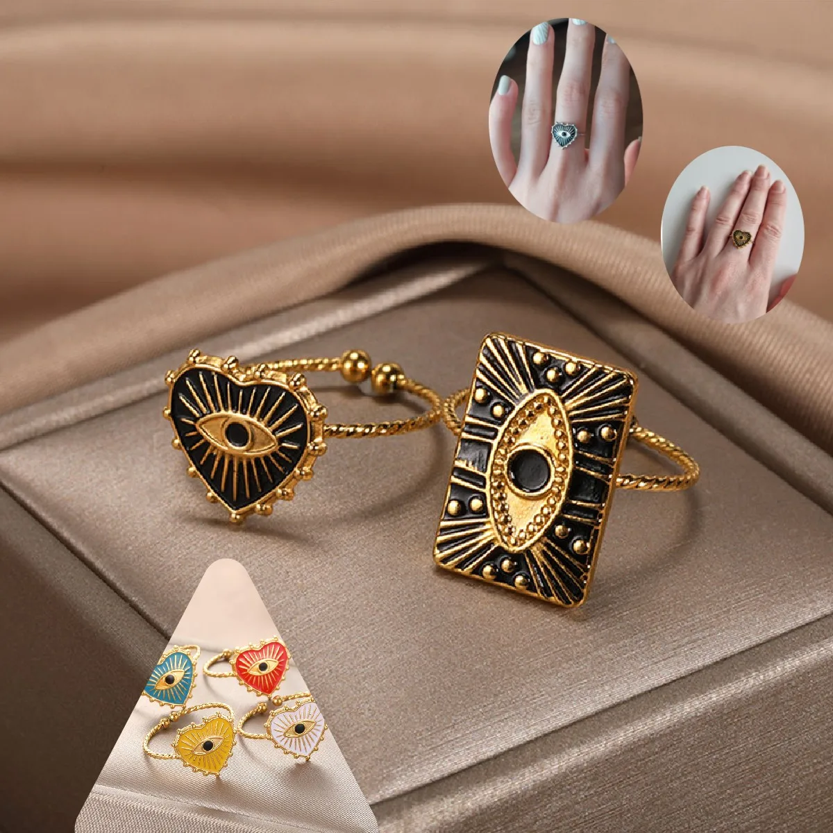 GATTVICT Geometric Engraving Evil Eye Heart Shape Open Rings For Women ...