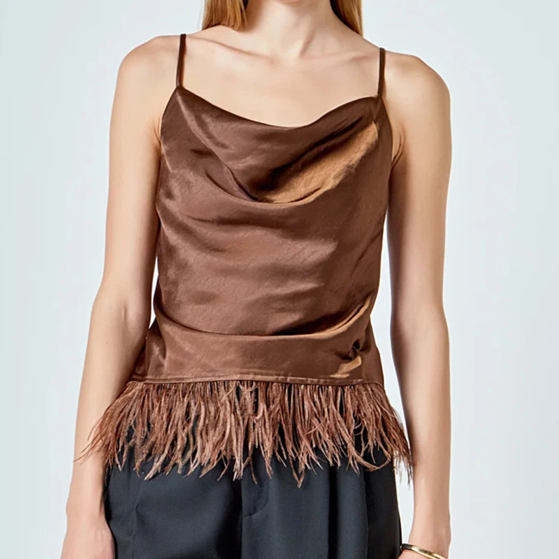 Feather Trim Spaghetti Straps Camisole Women Satin Silk Cowl Neck Top ...
