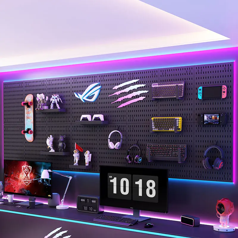 No-Punching-Pegboard-Wall-Organizer-Panel-Shelves-For-Gamer-Room ...