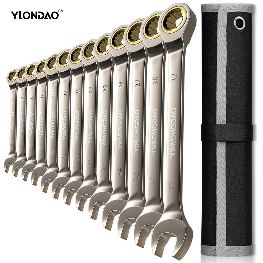 Ratcheting-Combination-Wrench-Set-Metric-Chrome-Vanadium-Steel-Hand ...