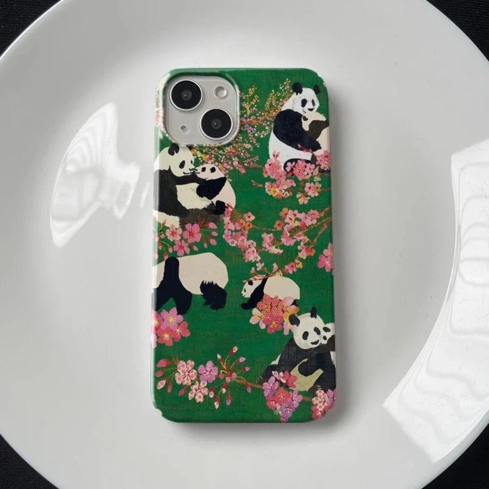 Adorable Panda & Flower Pattern Vivid Green Background Stylish Phone ...