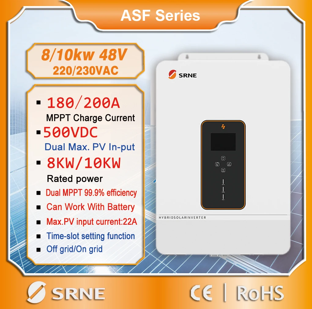 SRNE 8/10KW Inversor Solar Híbrido Max PV 500V 48V A 220/230V Dual MPPT Max 22A Carga Corrente ...