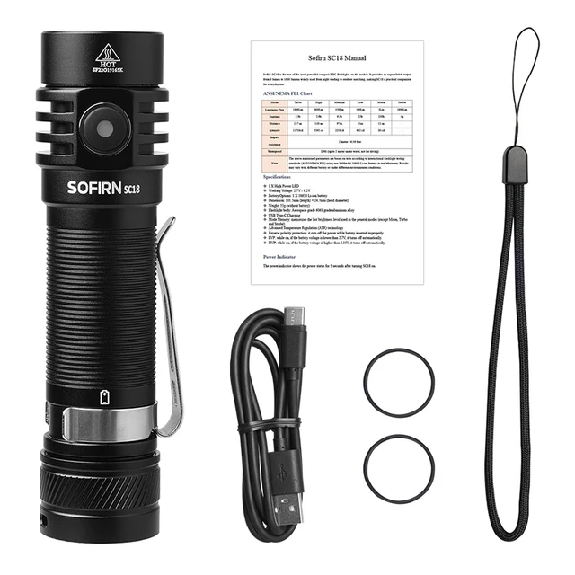 Sofirn SC18 LED Flashlight LUMINUS SST40 1800lm Tactical 18650 Rechargeable Outdoor EDC Torch ...