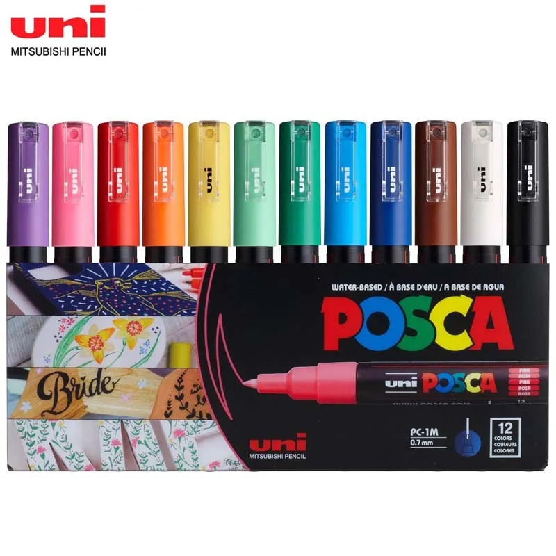Uni Posca PC-1M 12 Colors Paint Markers Set Extra Fine 0.7mm Acrylic ...