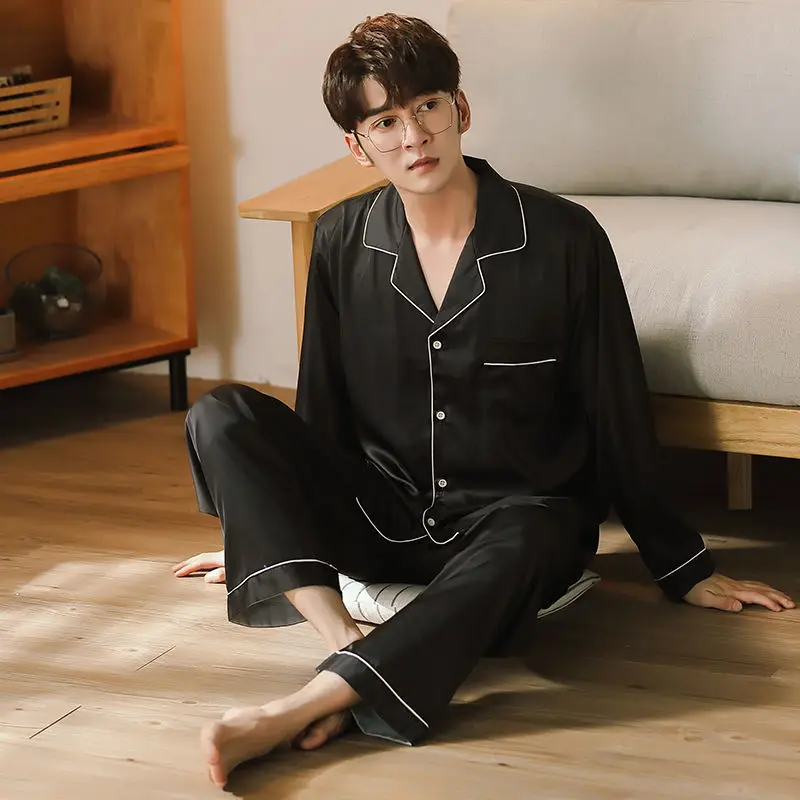 New-Elegant-Silk-Men-s-Pajama-Sets-Long-Button-Sleepwear-Male-Sleeping ...
