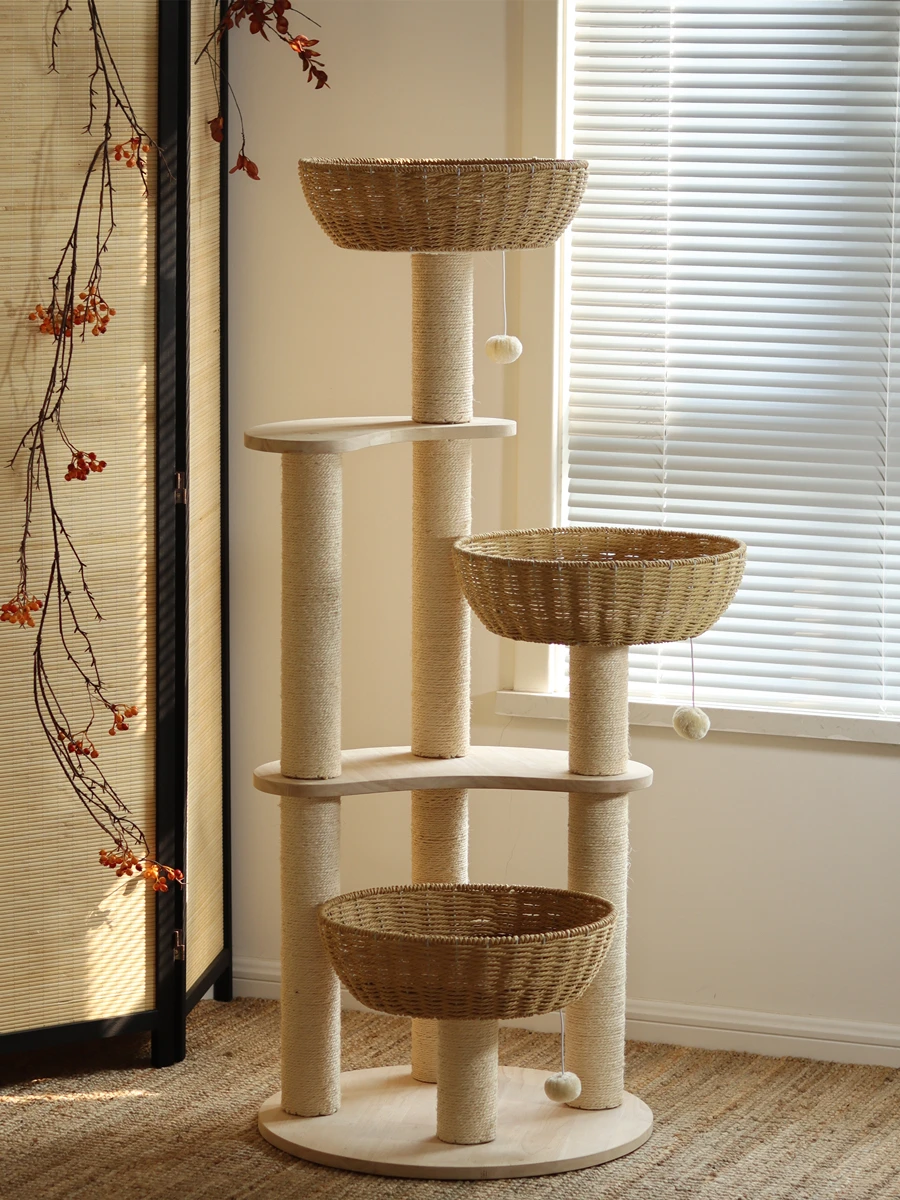 Pure Solid Wood! Vine-woven Cat Tree Cat Tower House Simple And Elegant ...