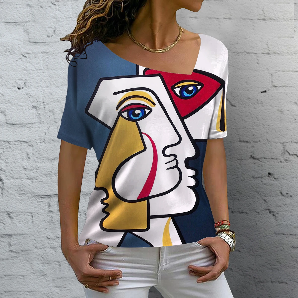Camiseta-con-estampado-de-cara-de-arte-abstracto-para-mujer-Ropa-para ...