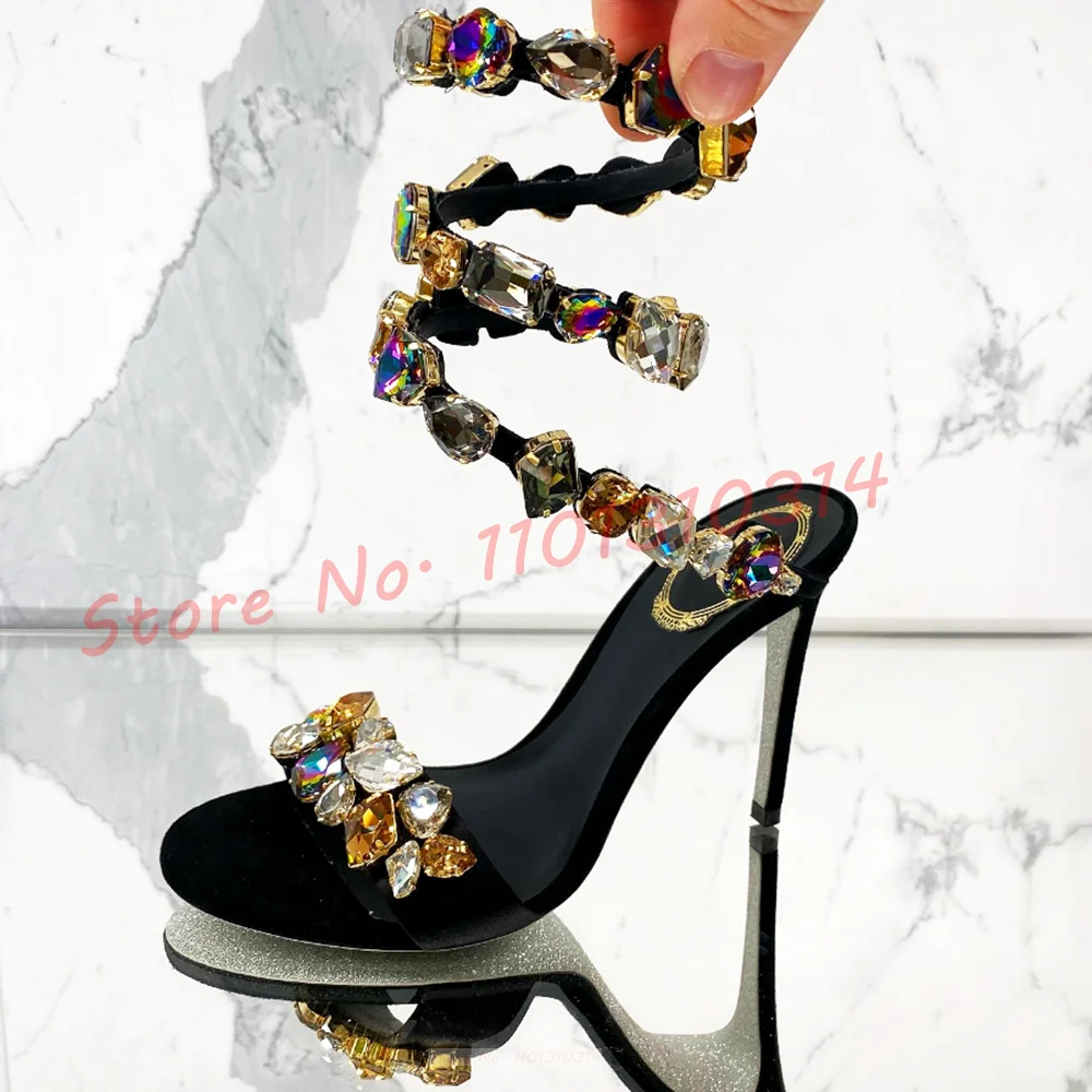 Gems Strap Snake Heels Sandals Women Dazzling Colorful Crystal Elegant ...