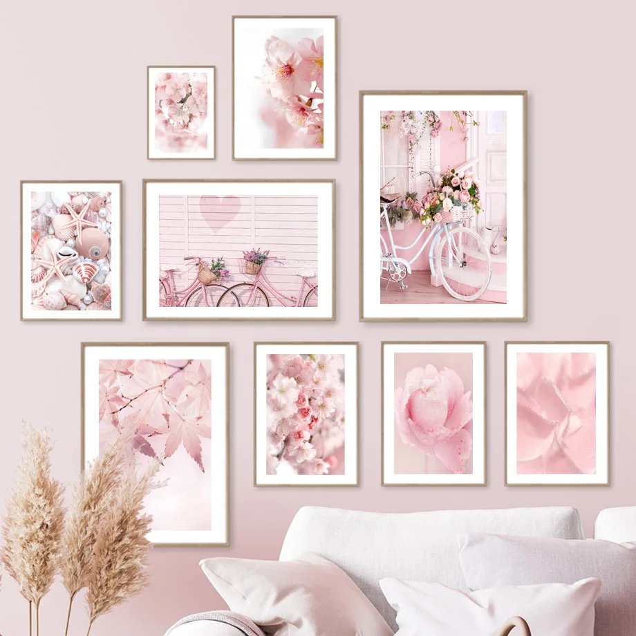 Pink-Flower-Bicycle-Ferris-Wheel-Shell-Leaf-Wall-Art-Canvas-Painting ...
