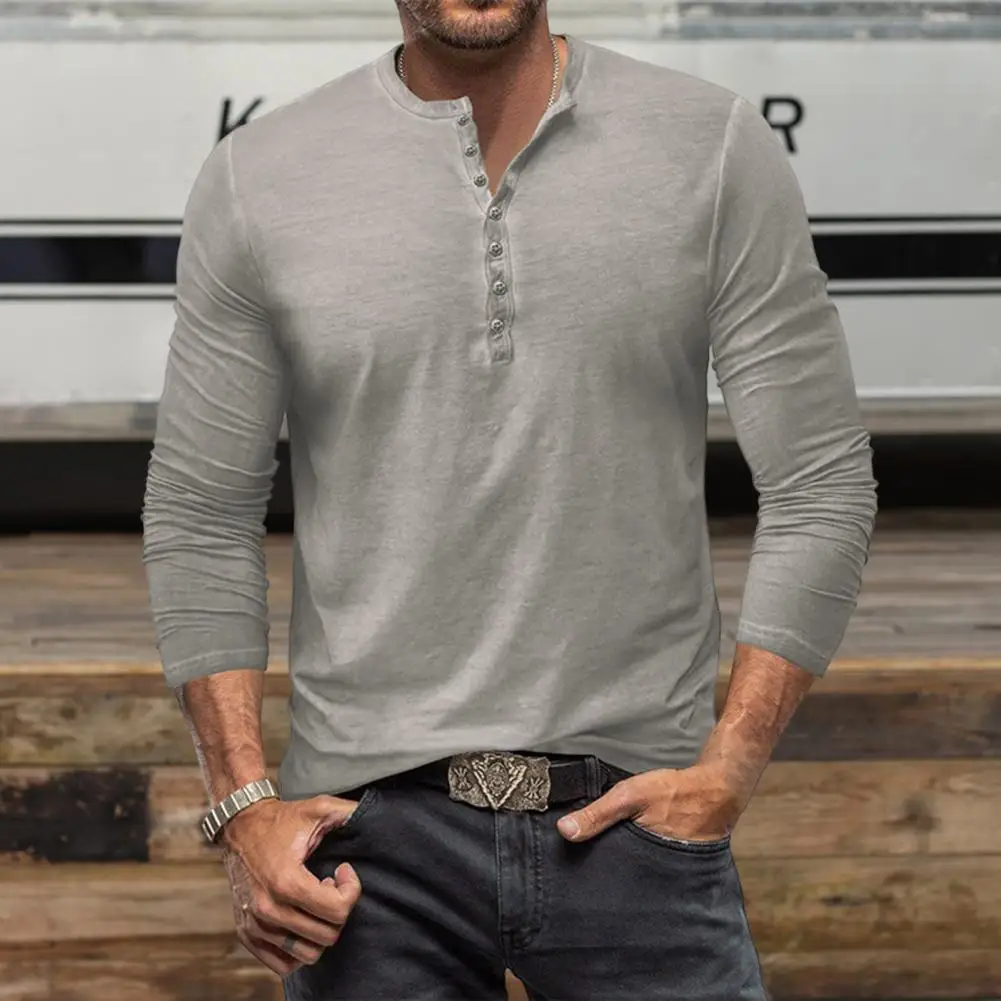 Men-Top-Buttons-Solid-Color-Long-Sleeve-Men-T-shirt-Slim-Fit-O-neck ...