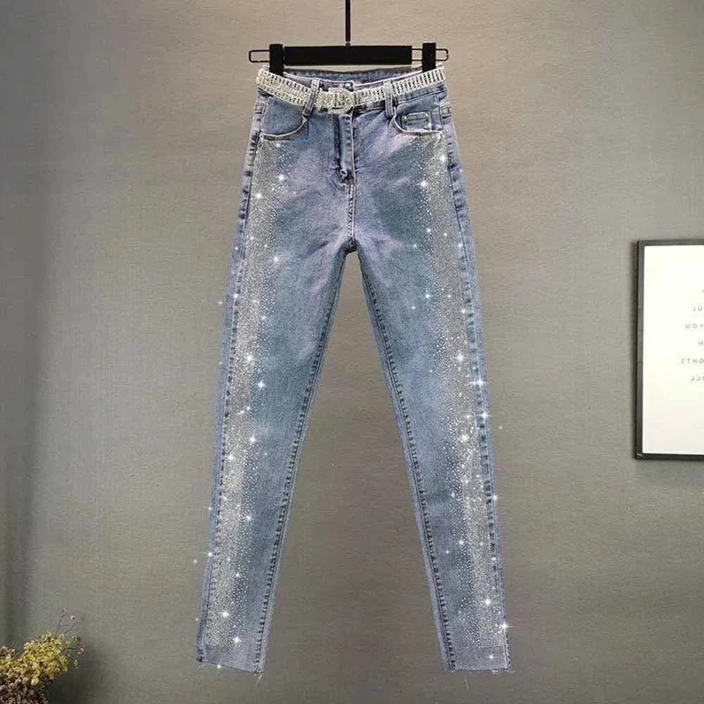 Women Vintage Blue slim Diamonds Denim Jeans Spring Autumn Streetwear ...