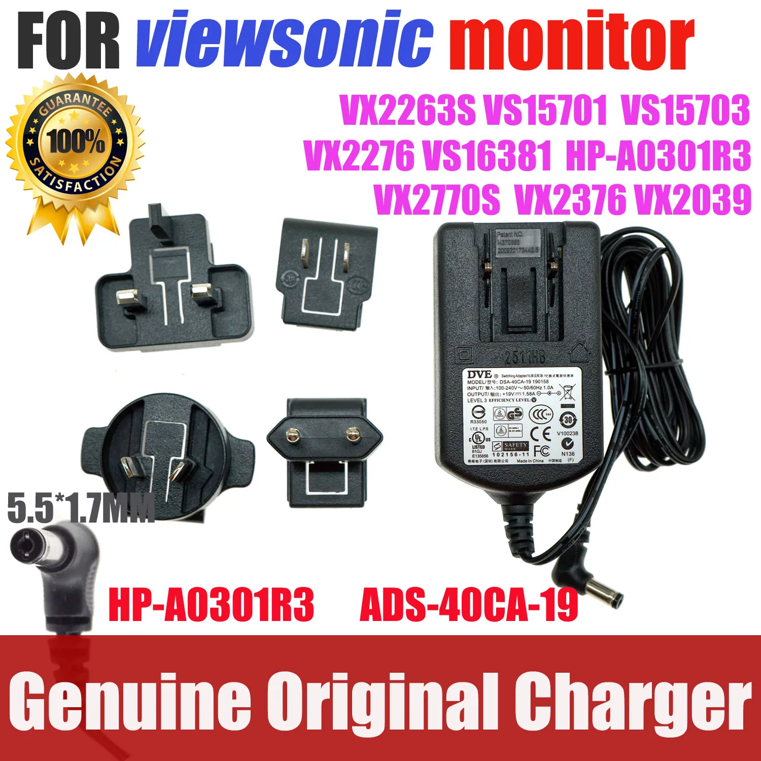Original-DVE-19V-1-58A-FOR-viewsonic-LCD-monitor-AC-adapter-Power ...