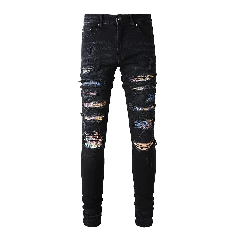 Street-Punk-Style-Stretch-Beard-Washing-Jeans-Ripped-Patch-Denim-Black ...