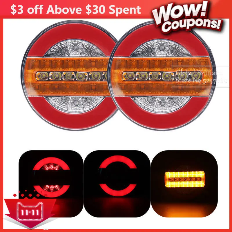 2x 12V 24V Round Tail Light For Truck Trailers Sequential Dynamic Turn ...