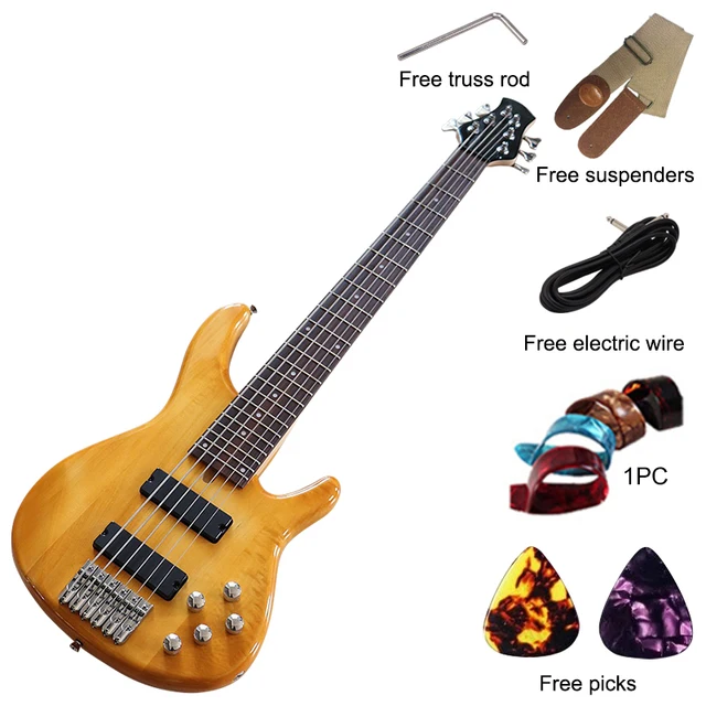 6 String Active Bass Guitar 43 Inch Electric Bass Guitar Brown 24 Frets ...