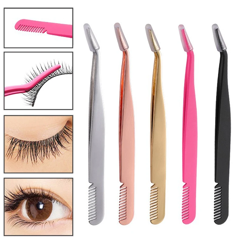 1pcs Stainless Steel Eyelash Tweezers With Comb False Eyelashes