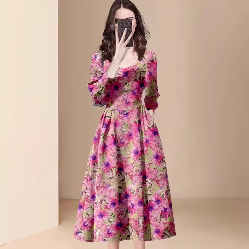 French-Style-Flower-Print-Evening-Party-Long-Dress-Women-Spring-Autumn ...