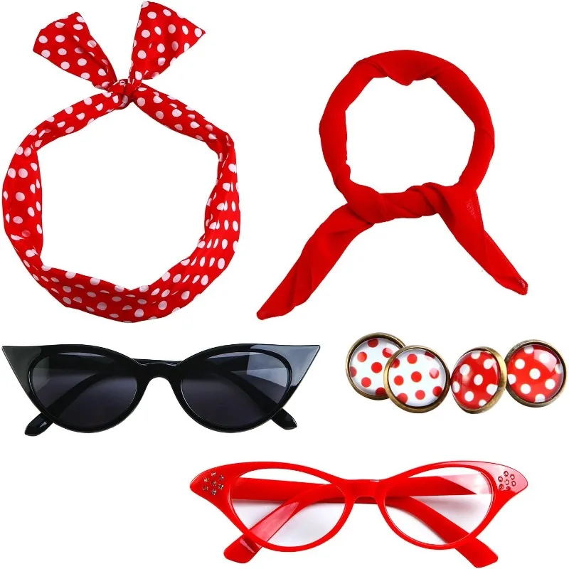 1950s Costume Accessories Set for Women Grease Scarf Headband Glasses ...