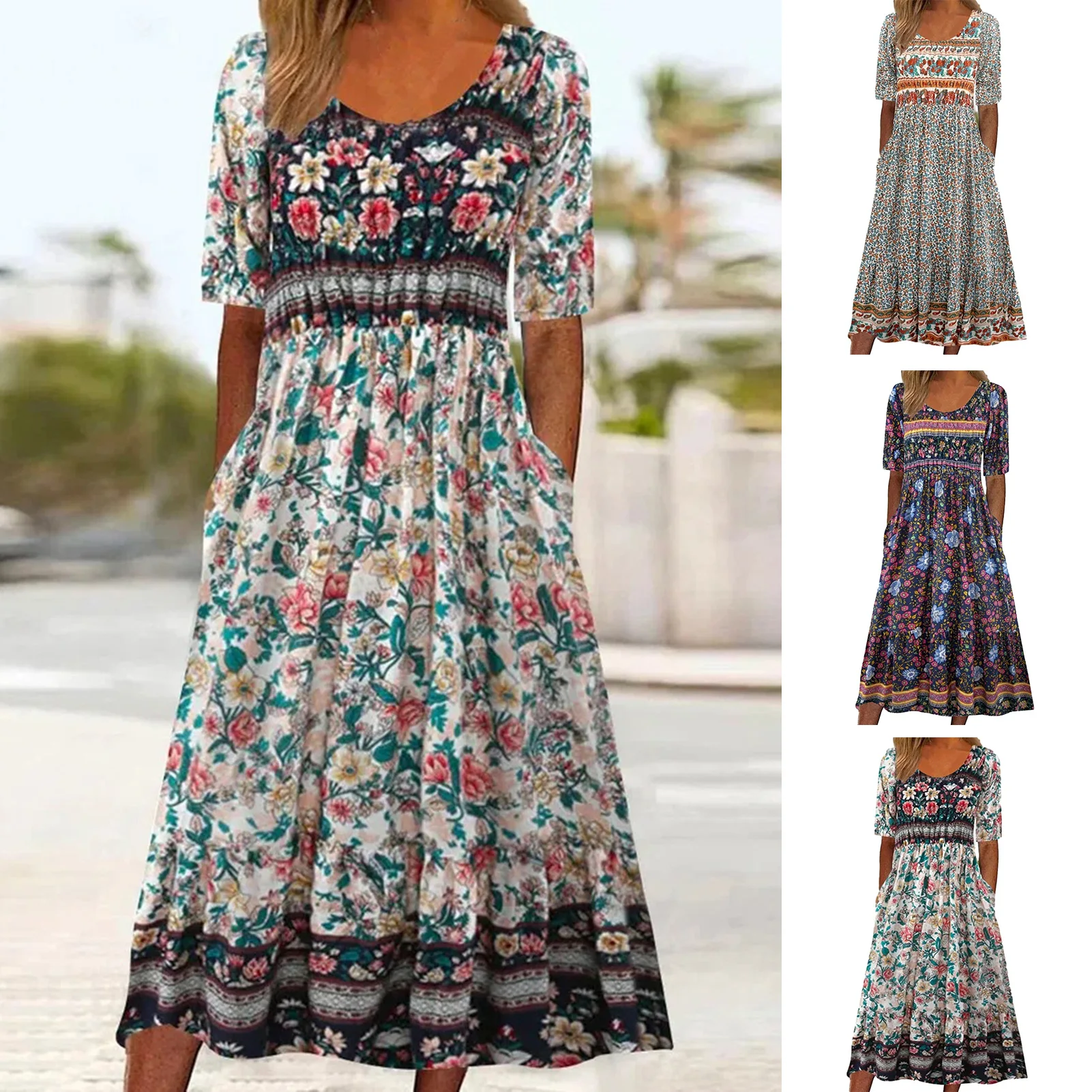 Robe-mi-longue-manches-courtes-et-col-en-V-pour-femmes-imprim-rayures ...