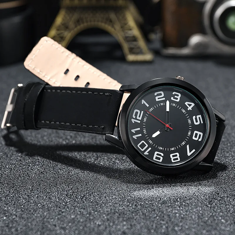 Luxury Round Large Dial Men Watches Casual Business PU Leather Strap ...