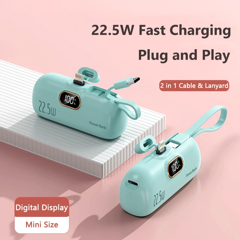 5000mAh Mini Power Bank Built Cable Portable Mobile Phone Charger ...