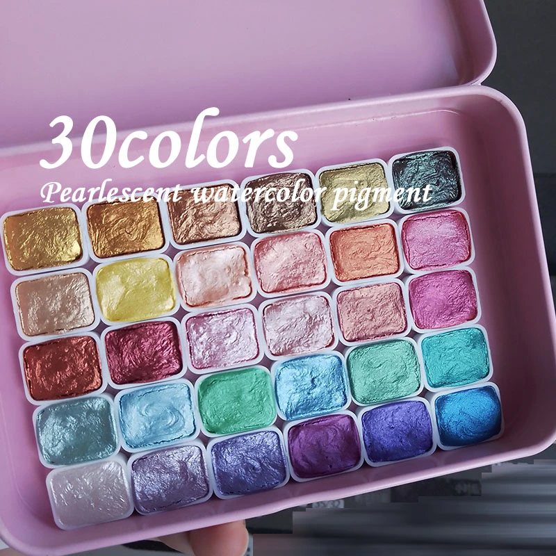 30 Colors Solid Full Fill Up Metallic Pearl Watercolor Paint Set ...