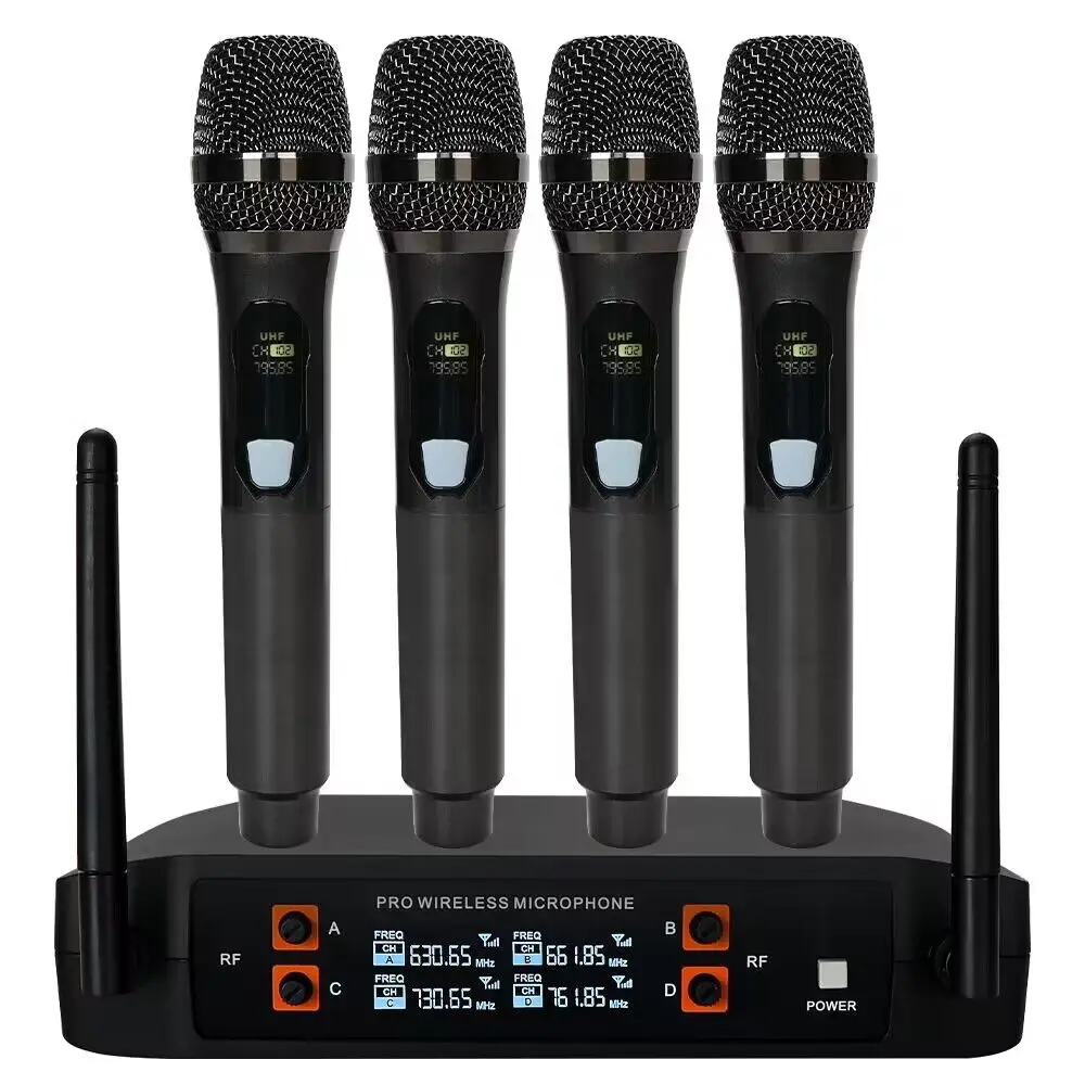 UHF 4 Channel Wireless Microphone System with 2 Cordless Handheld Mics ...