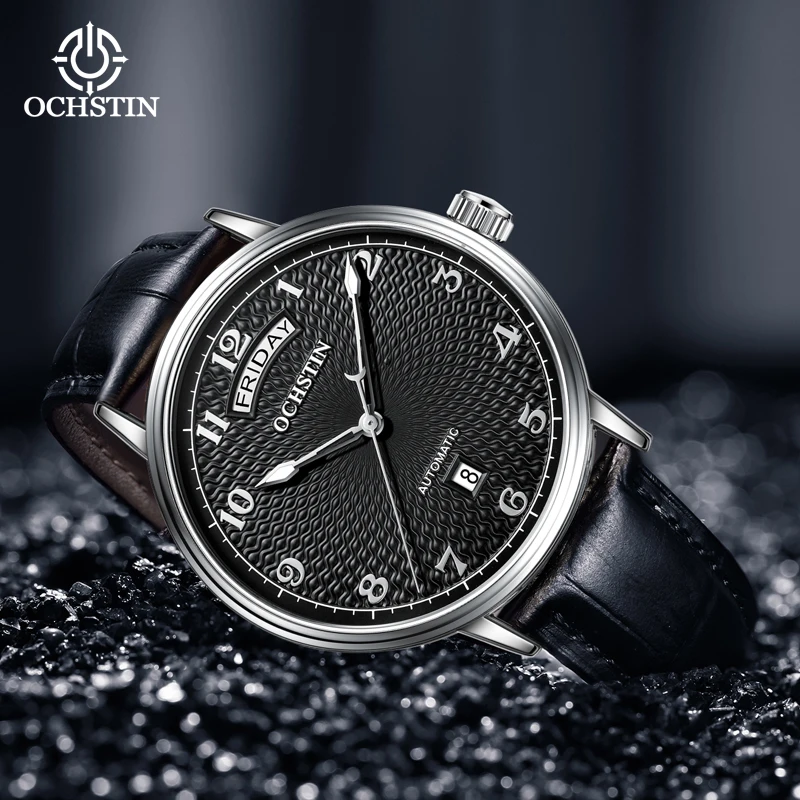 OCHSTIN Automatic Self Wind Mens Army Watch Auto Date Day Leather Strap ...