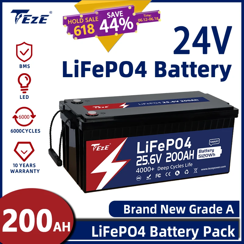Neuer 24v 200ah wiederauf ladbarer lifepo4 akku eingebauter bms 6000 ...