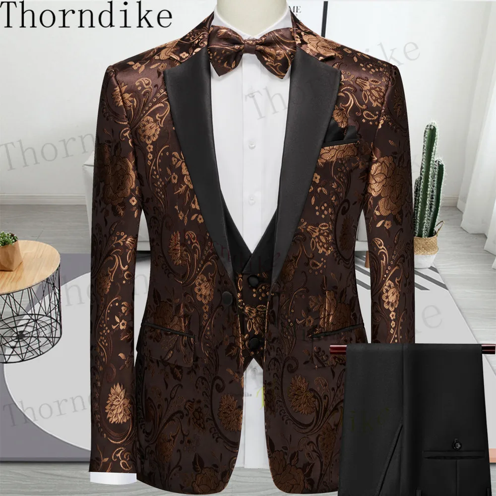 Thorndike 2022 새로운 패션 신랑 Coffe 남자 정장 더블 브레스트 3 조각 슬림 맞는 고품질 웨딩 파티 가수 의상