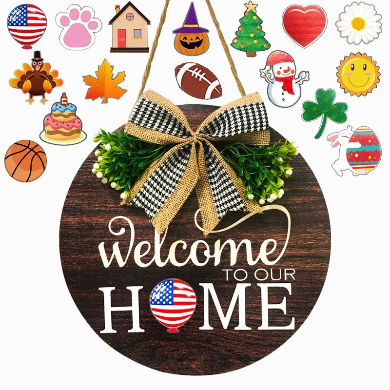 30cm Wooden Round Hanging Welcome Sign For Front Door Decor Hanger Home ...