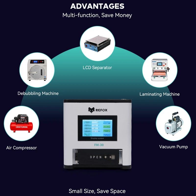 Refox FM30 미니 5 in 1 LCD 라미네이팅 분리 버블 제거기, 휴대폰 수리용 공기 압축기 및 진공 펌프 내장