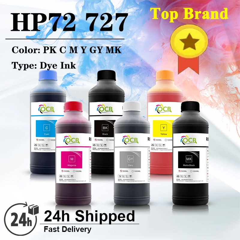 500ML 6 color Dye Ink for HP 72 727 T610 T770 T790 T1100 T1120 T1200 ...