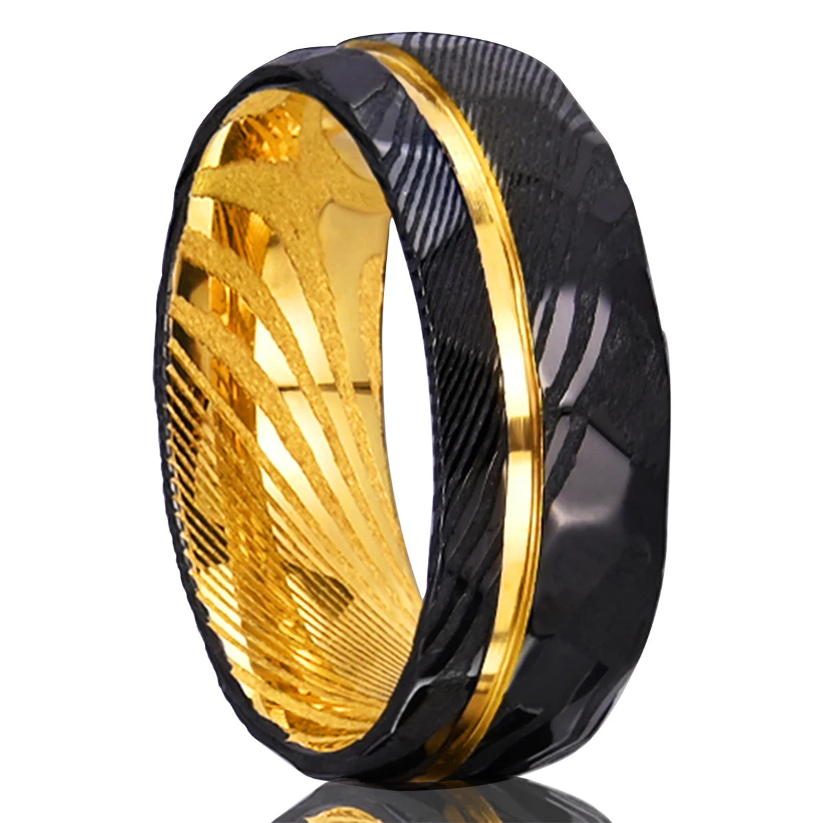 Damascus-Steel-Ring-8mm-Black-With-Gold-Plated-Inner-Layer-Men-S-Couple ...