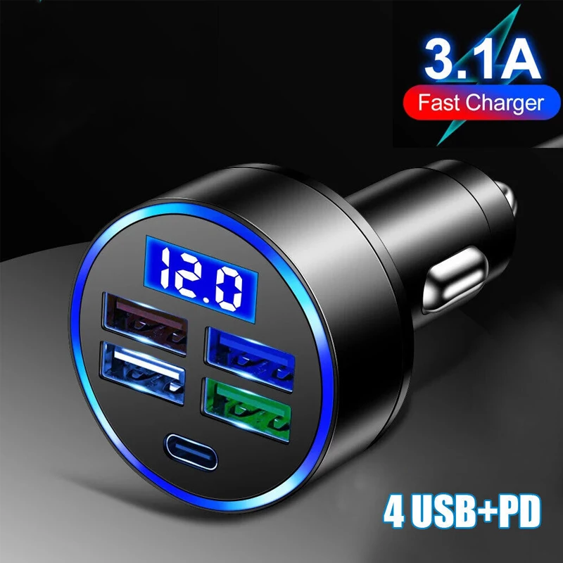 Cargador USB de 4 puertos para coche PD, adaptador de carga rápida 3.1A para teléfono móvil con ...