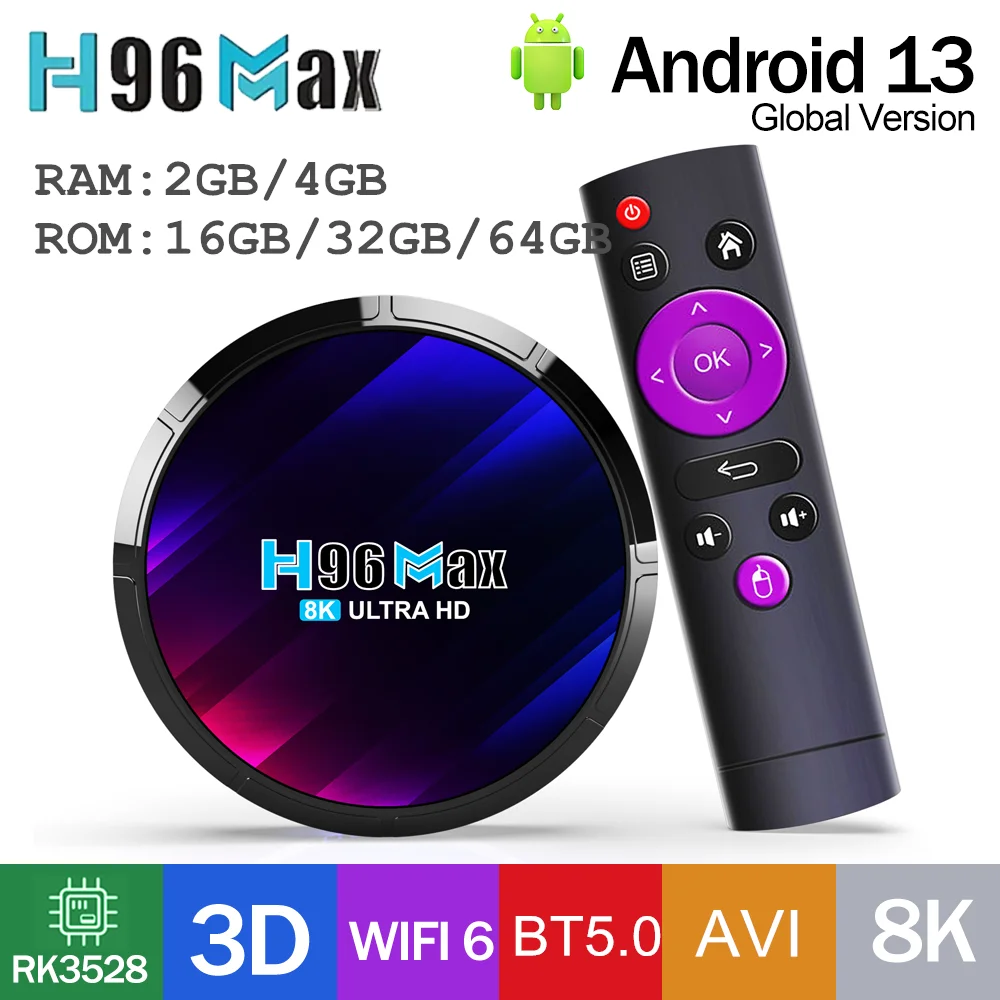 H96 MAX 3528 TV Box Android13 RK3528 2GB16GB 4GB 32GB/64GB BT5.0 AV1 ...