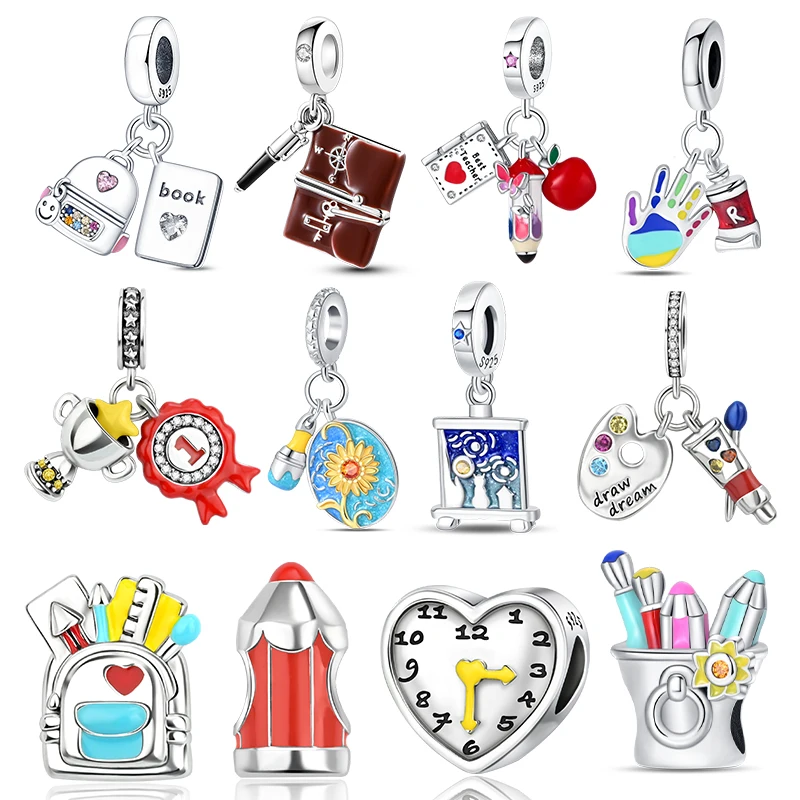925 Sterling Silver School Backpack Book Pencil Trophy Charm Beads Fit ...